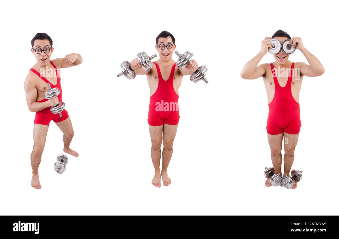 The funny guy with dumbbels on white Stock Photo - Alamy