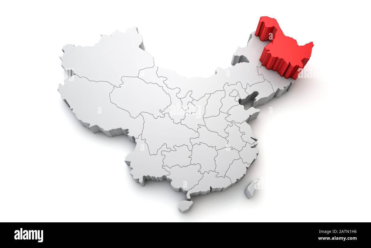 Map of China showing Heilongjiang regional area. 3D Rendering Stock ...