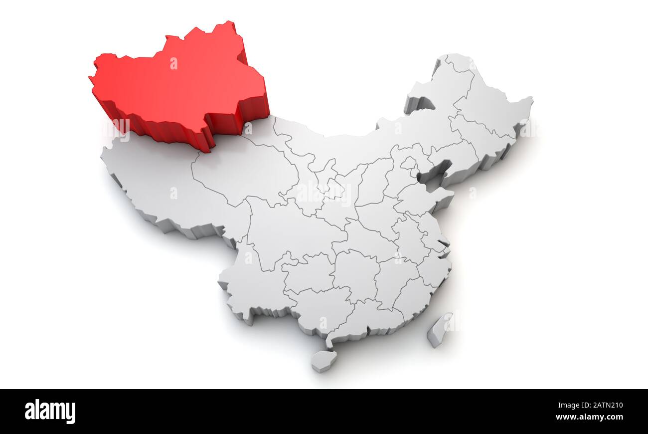 Map of China showing Xinjiang regional area. 3D Rendering Stock Photo ...