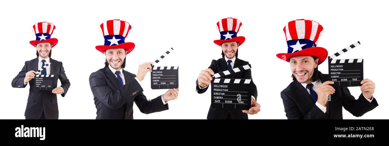 The man with usa hat and movie board isolated on white Stock Photo - Alamy