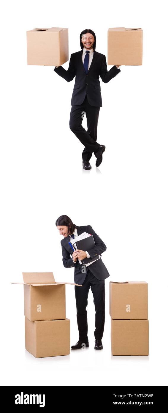 The funny man with boxes on white Stock Photo - Alamy