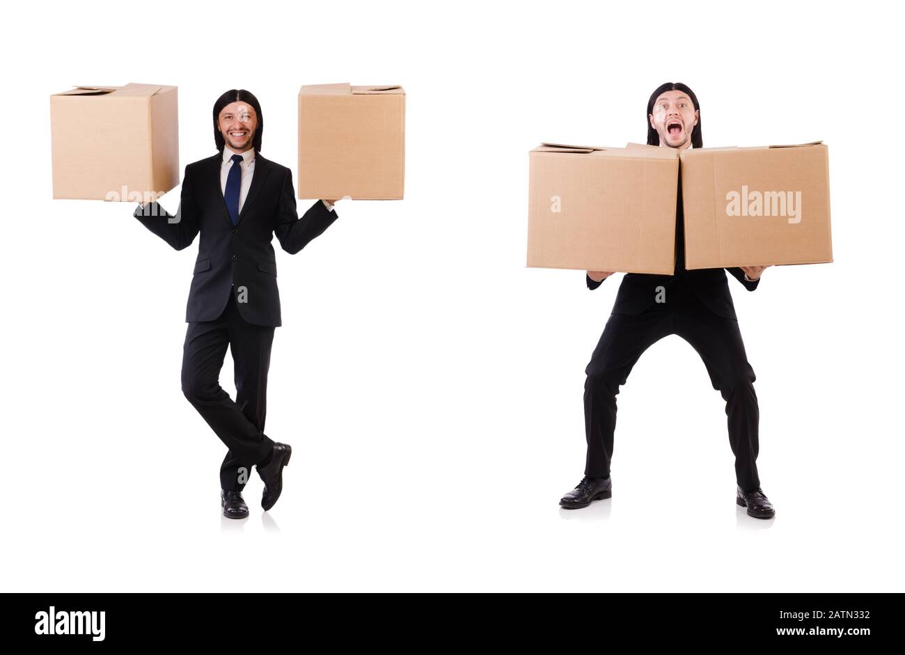 The funny man with boxes on white Stock Photo - Alamy