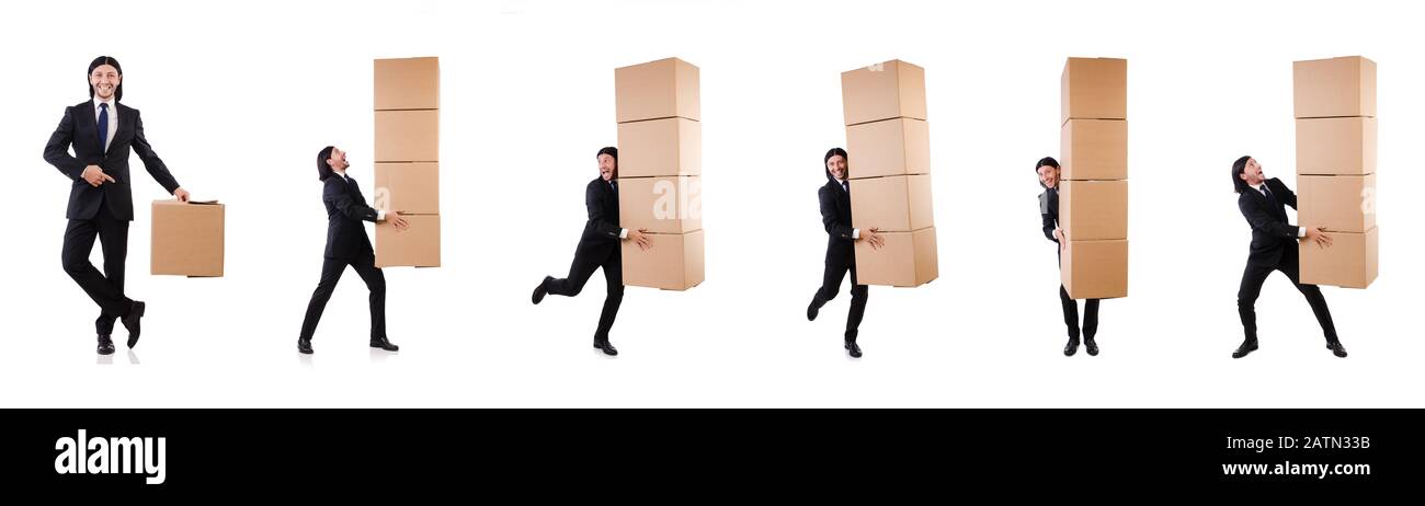 The funny man with boxes on white Stock Photo - Alamy