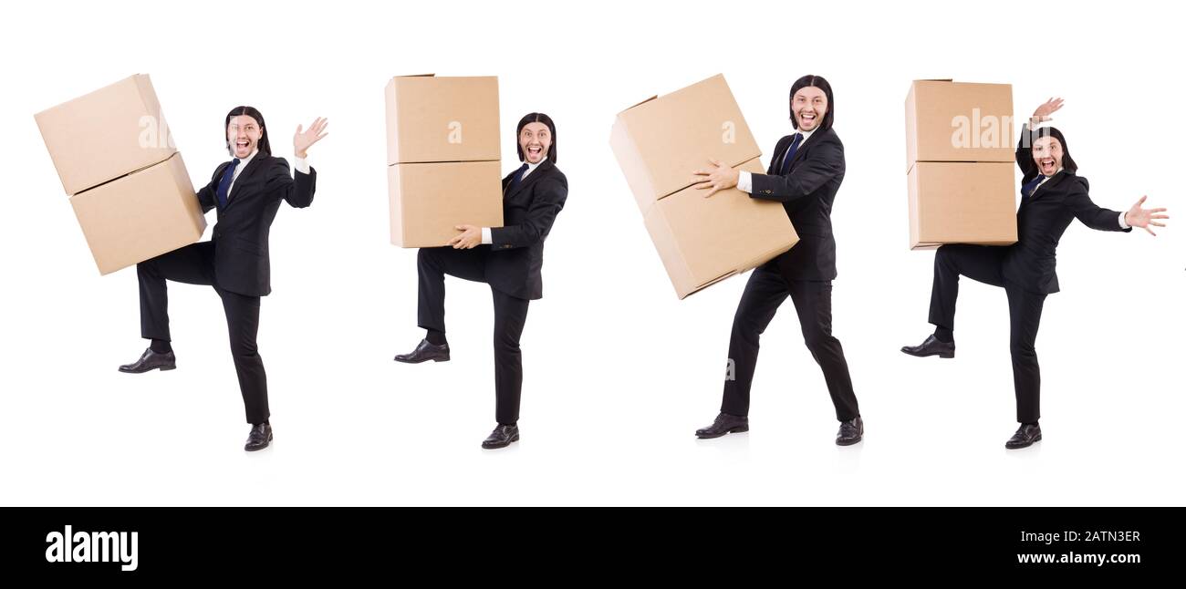The funny man with boxes on white Stock Photo - Alamy