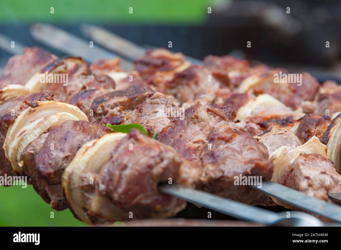 Barbecue meat on a skewer, cooked shashlik, bbq meat close up. Food ...