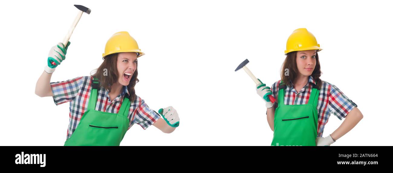 The young woman with hammer on white Stock Photo - Alamy
