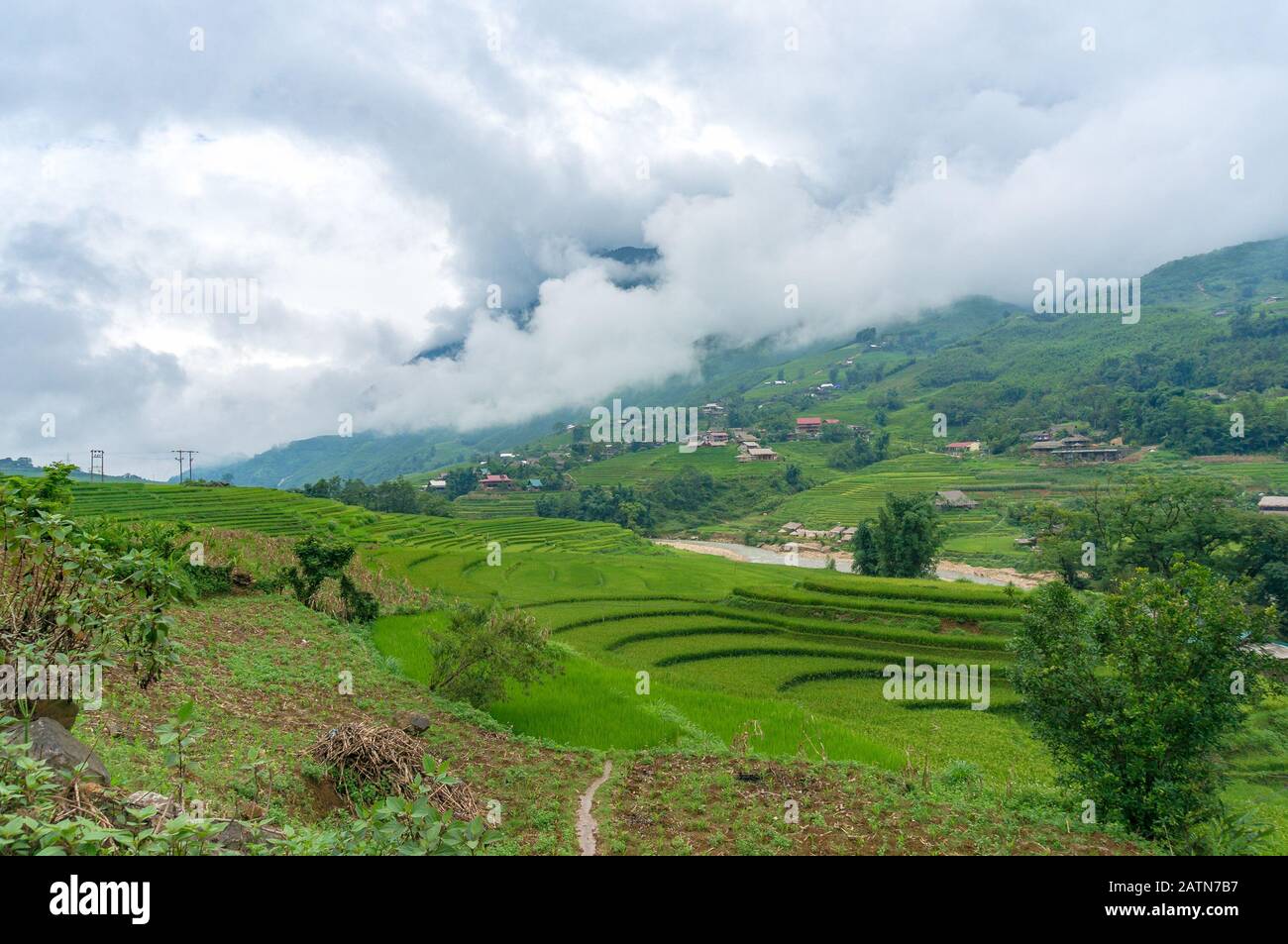 Vietnamese rural landscape with green rice terraces in mountain valley ...
