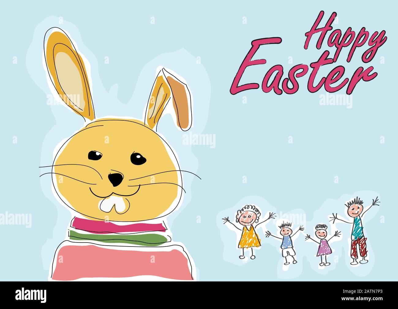 Vector drawing made by a child, happy family and rabbit. Vacation ...