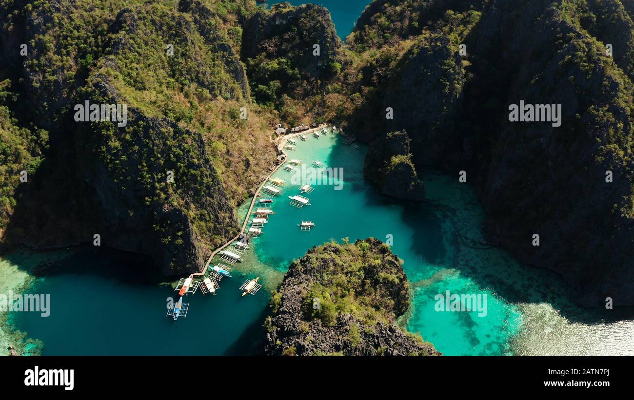 Aerial drone lagoons and coves with blue water among the rocks. lagoon ...