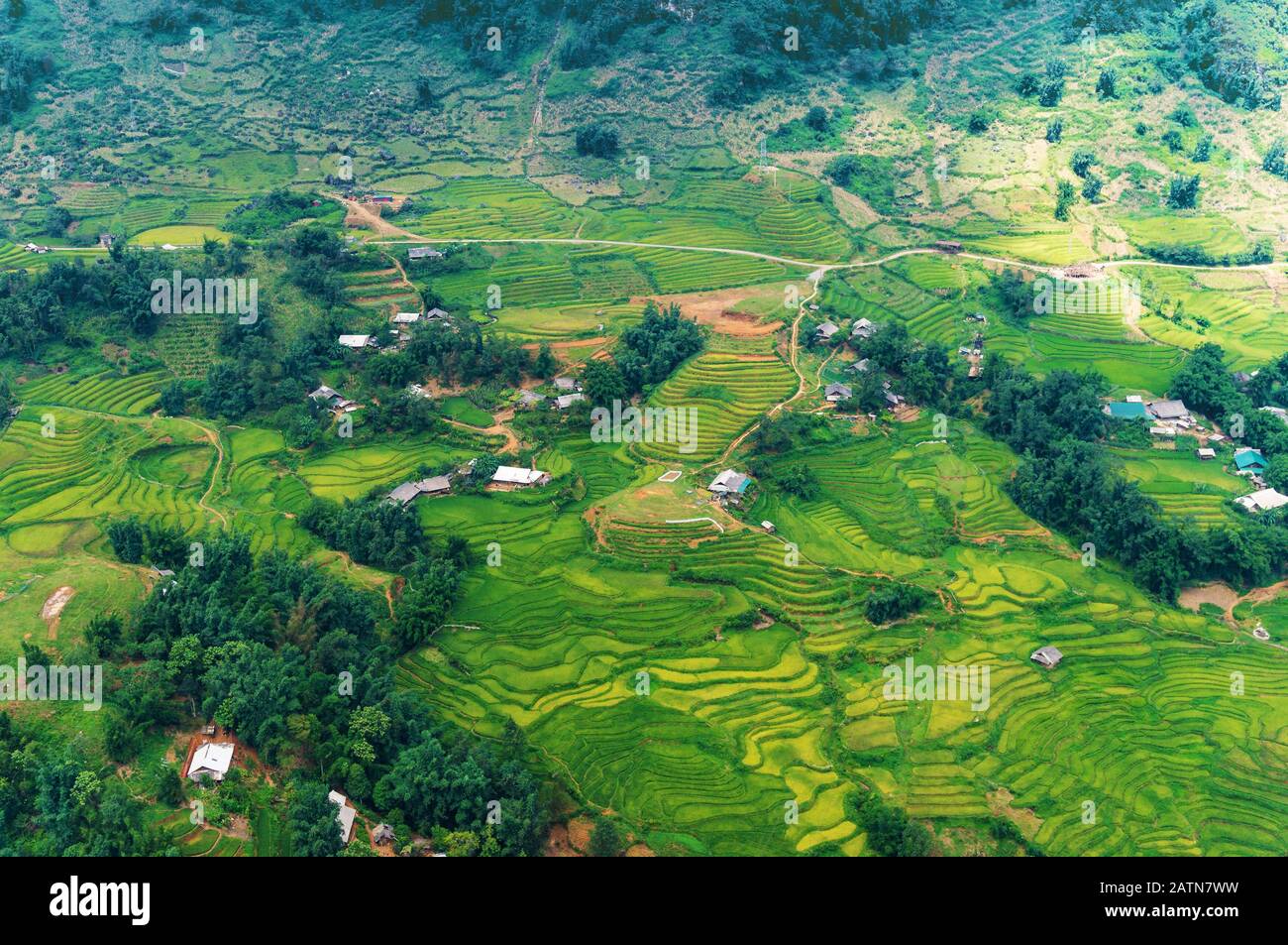 Aerial view of green rice terraces and mountain village. Nature ...
