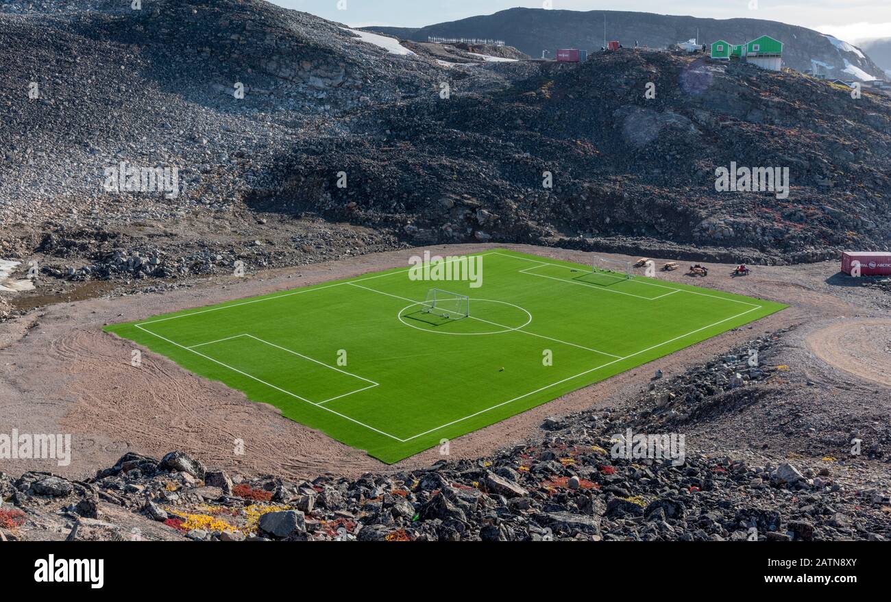The football pitch in Ittoqqortoormiit village, east Greenland Stock ...