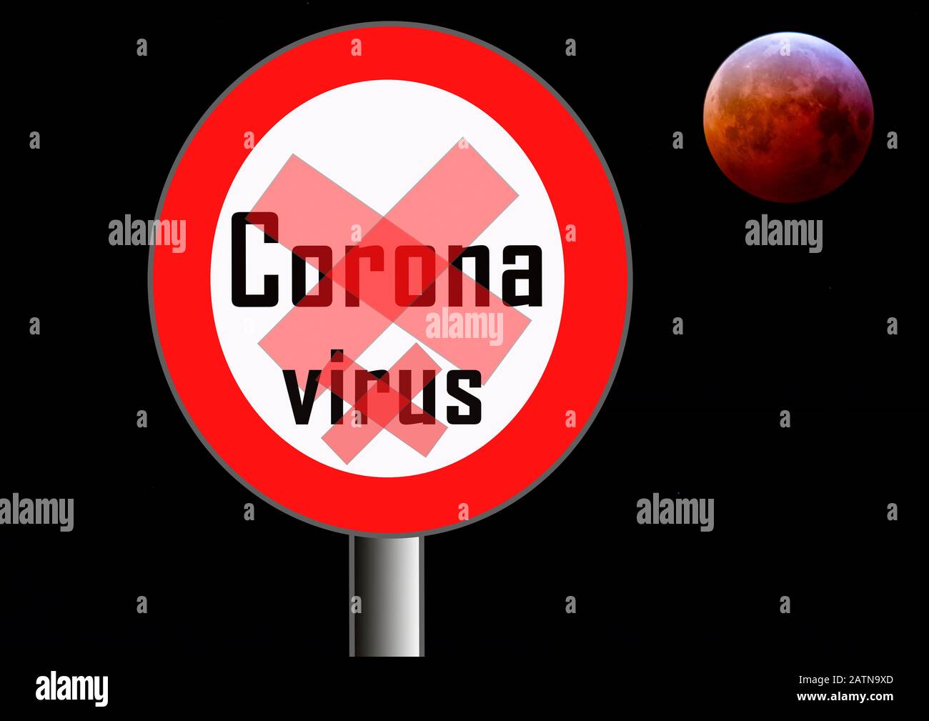 Red moon, with stop sign indicating warning of Coronavirus - quarantine ...