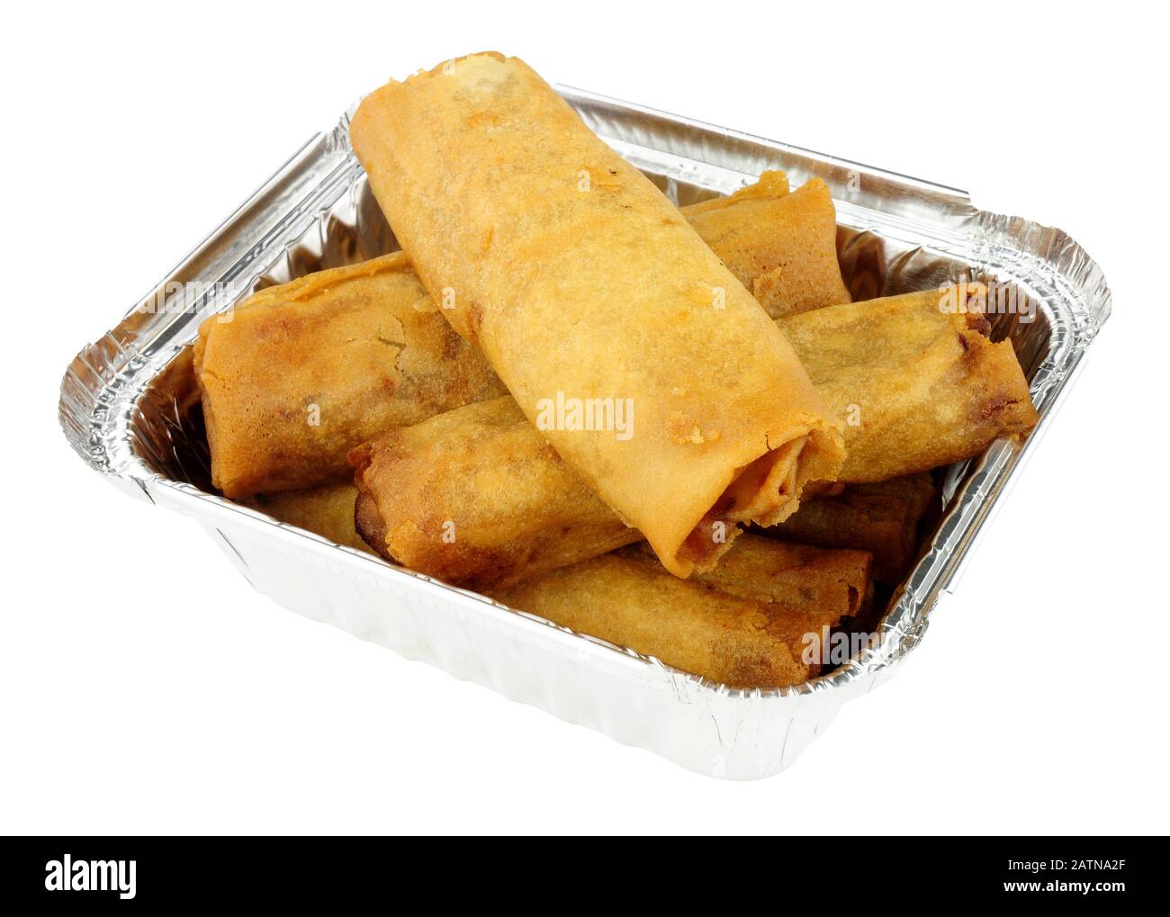 Chinese crispy vegetable filled spring rolls in an aluminium foil take ...