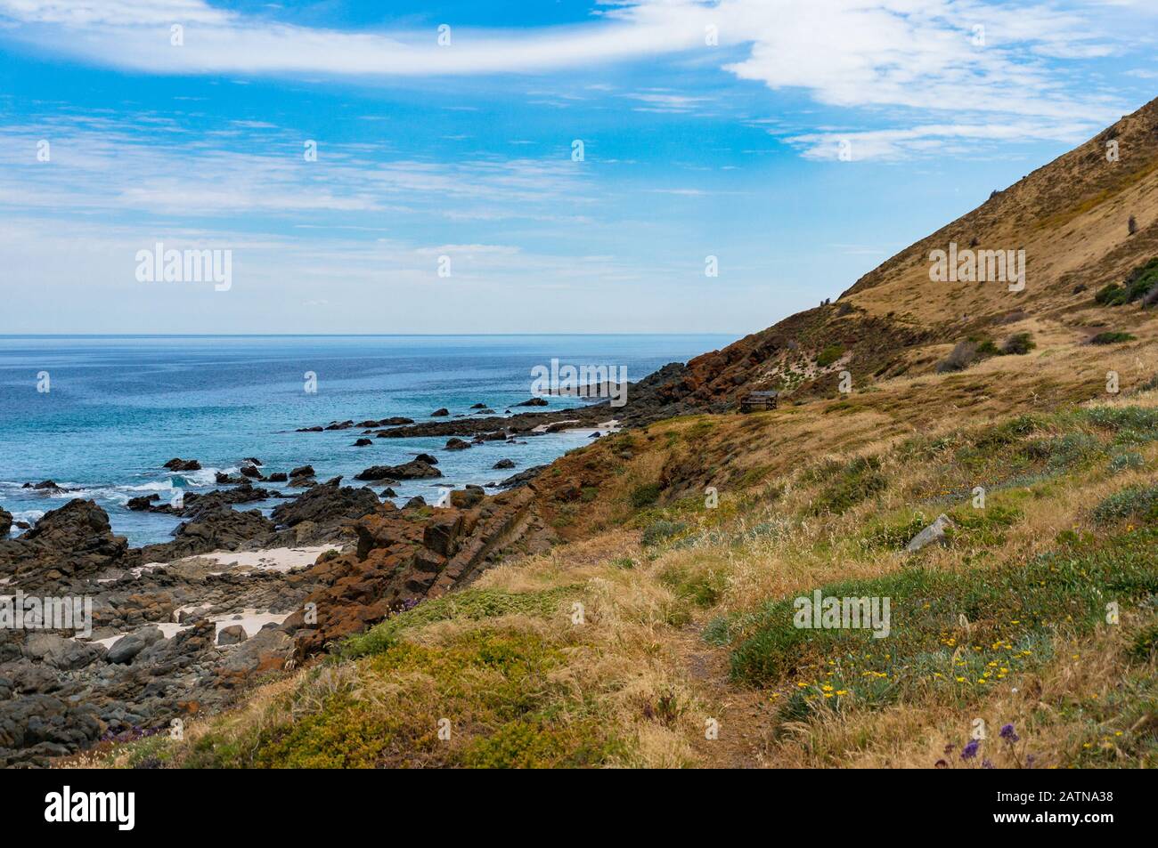 Marine landscape of sea and hill on sunny day. Nature background Stock ...