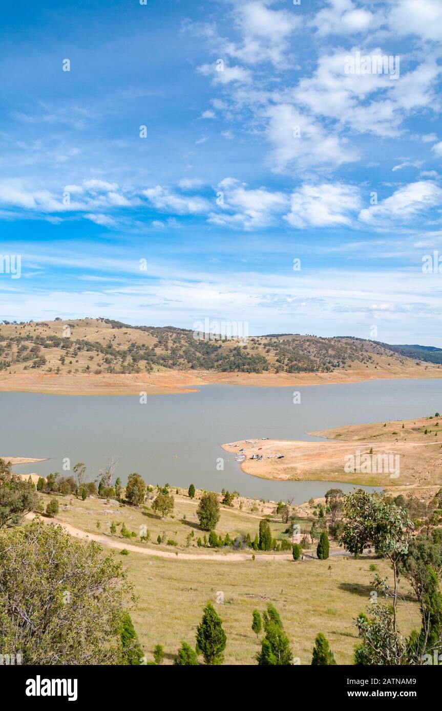 Countryside landscape of lake, dam reservoir on sunny day. Wyangala ...