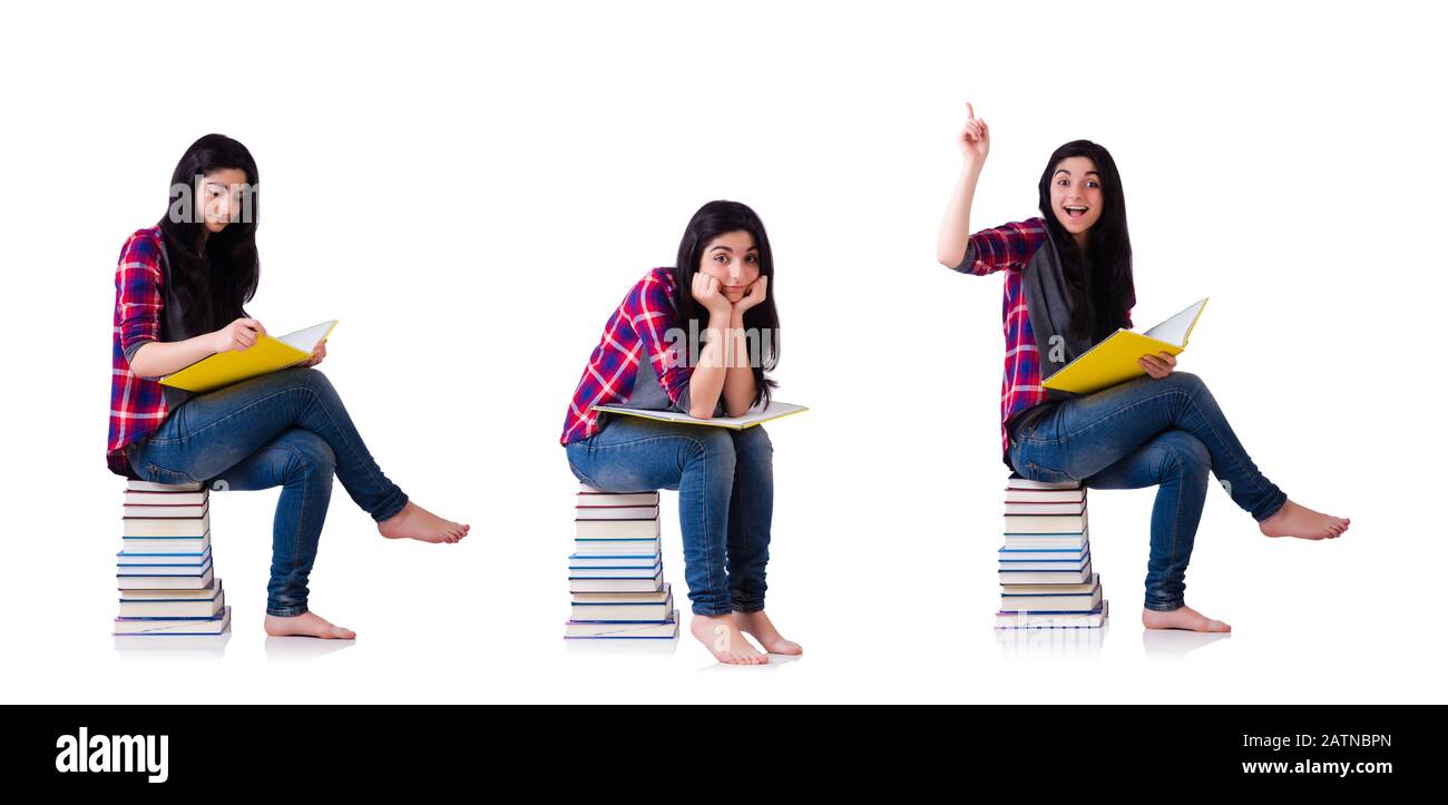The young student with books isolated on white Stock Photo - Alamy