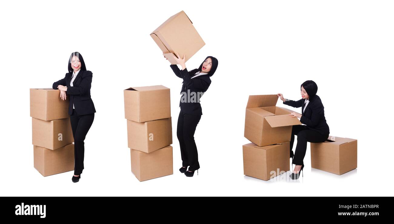 The woman with lots of boxes on white Stock Photo - Alamy