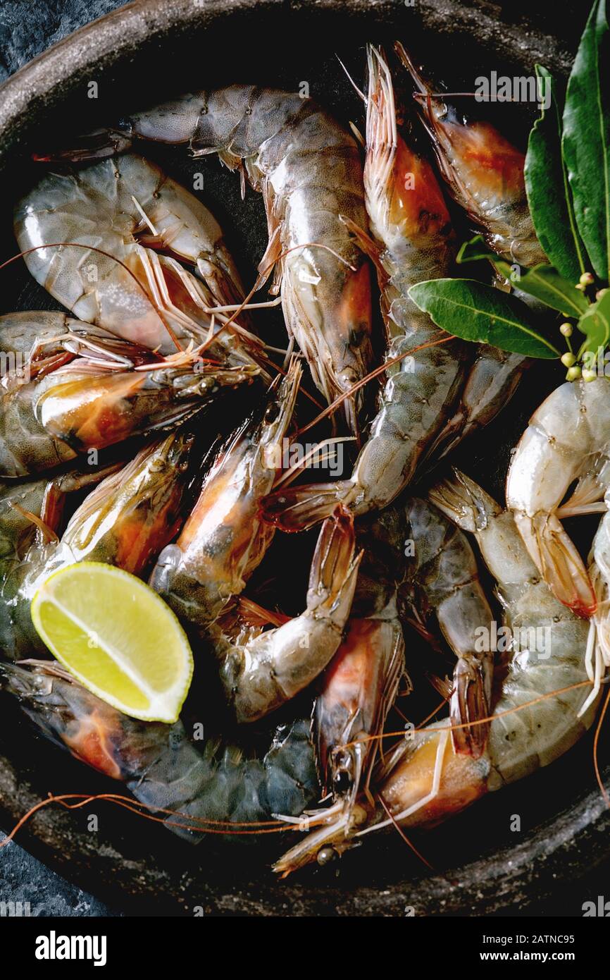 Raw uncooked prawns shrimp with lime and herbs in clay plate. Dark ...