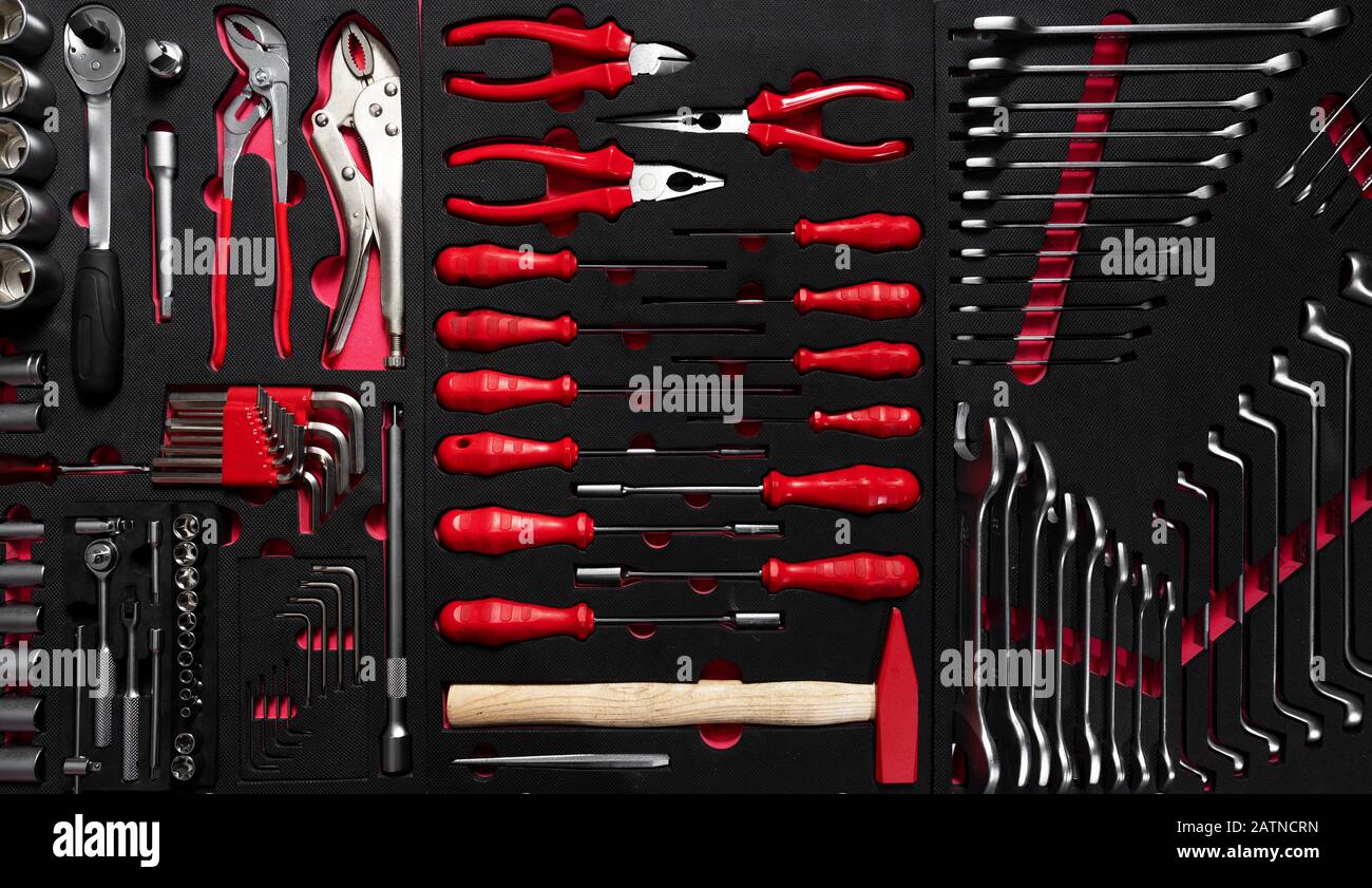 Professional work tools set for technicians in a stylish box Stock ...