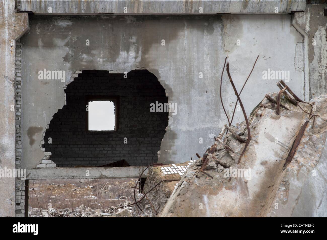 Sharpness on a broken wall. Remnants of the destruction of a large ...