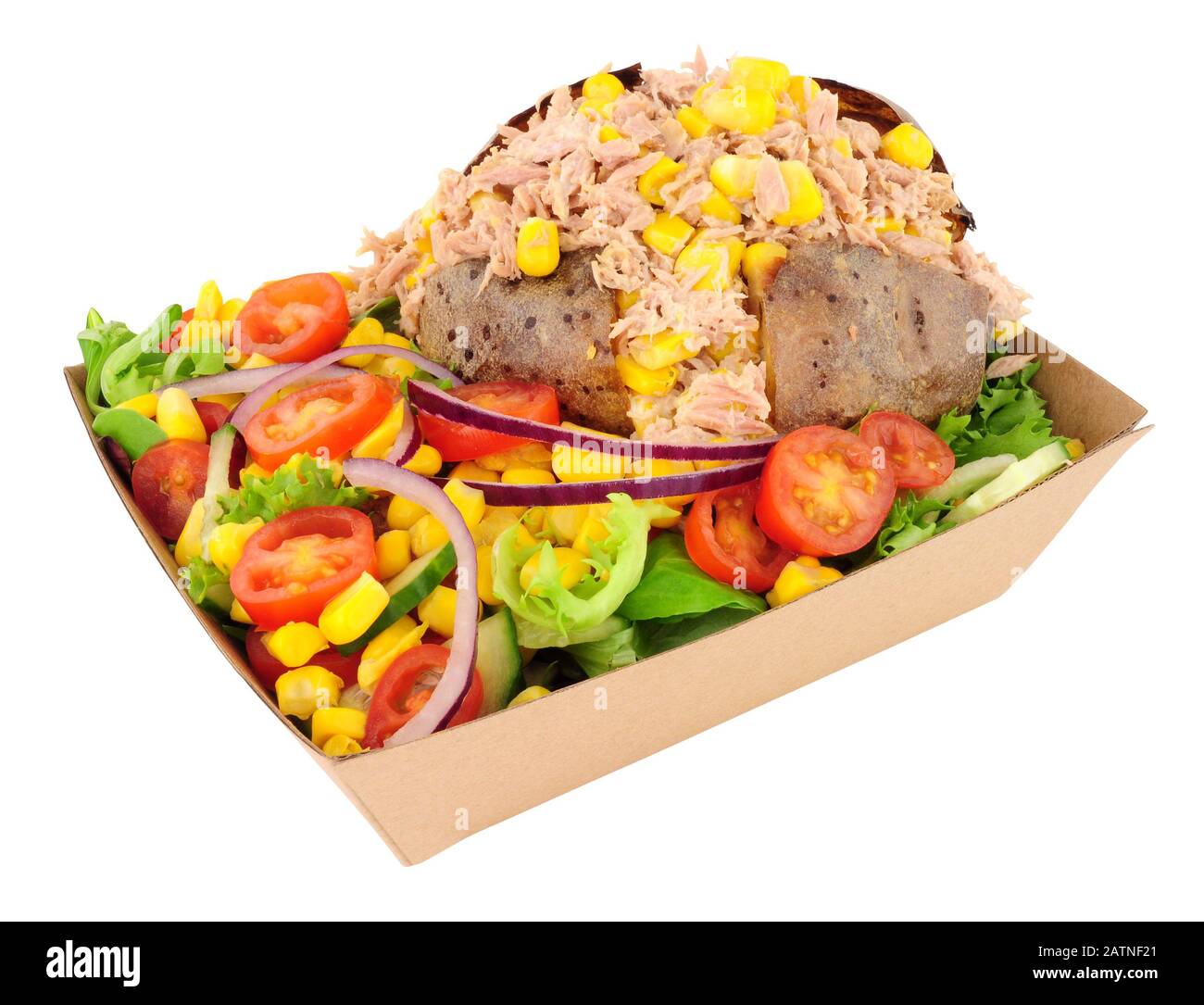 Tuna fish and sweetcorn filled baked potato with fresh salad in a ...