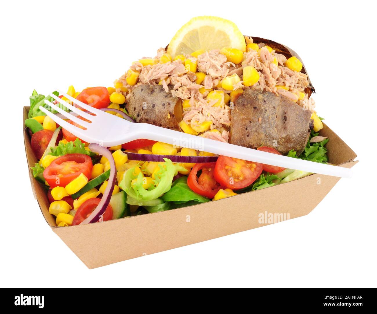 Tuna fish and sweetcorn filled baked potato with fresh salad in a ...