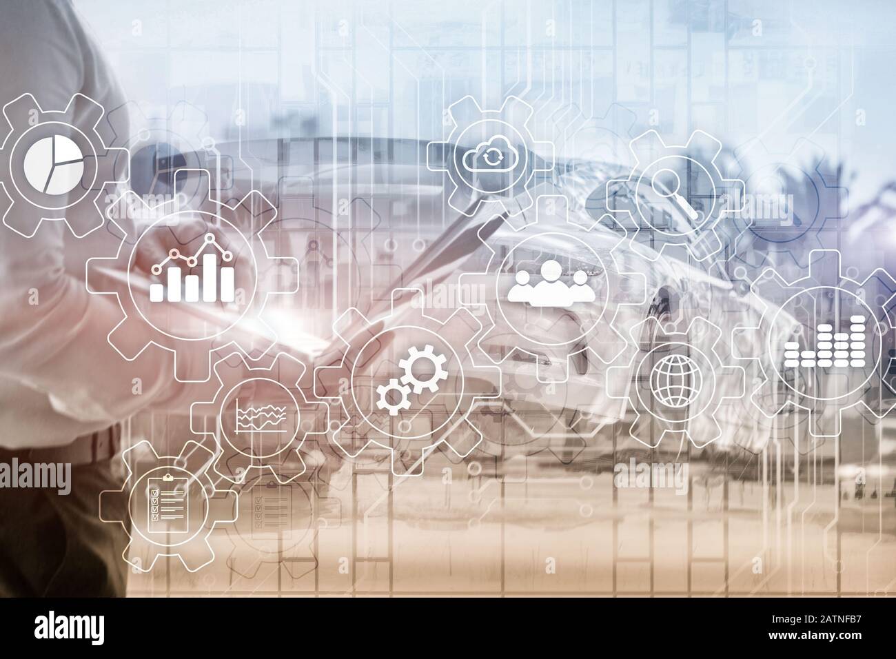 Business process abstract diagram with gears and icons. Workflow and ...