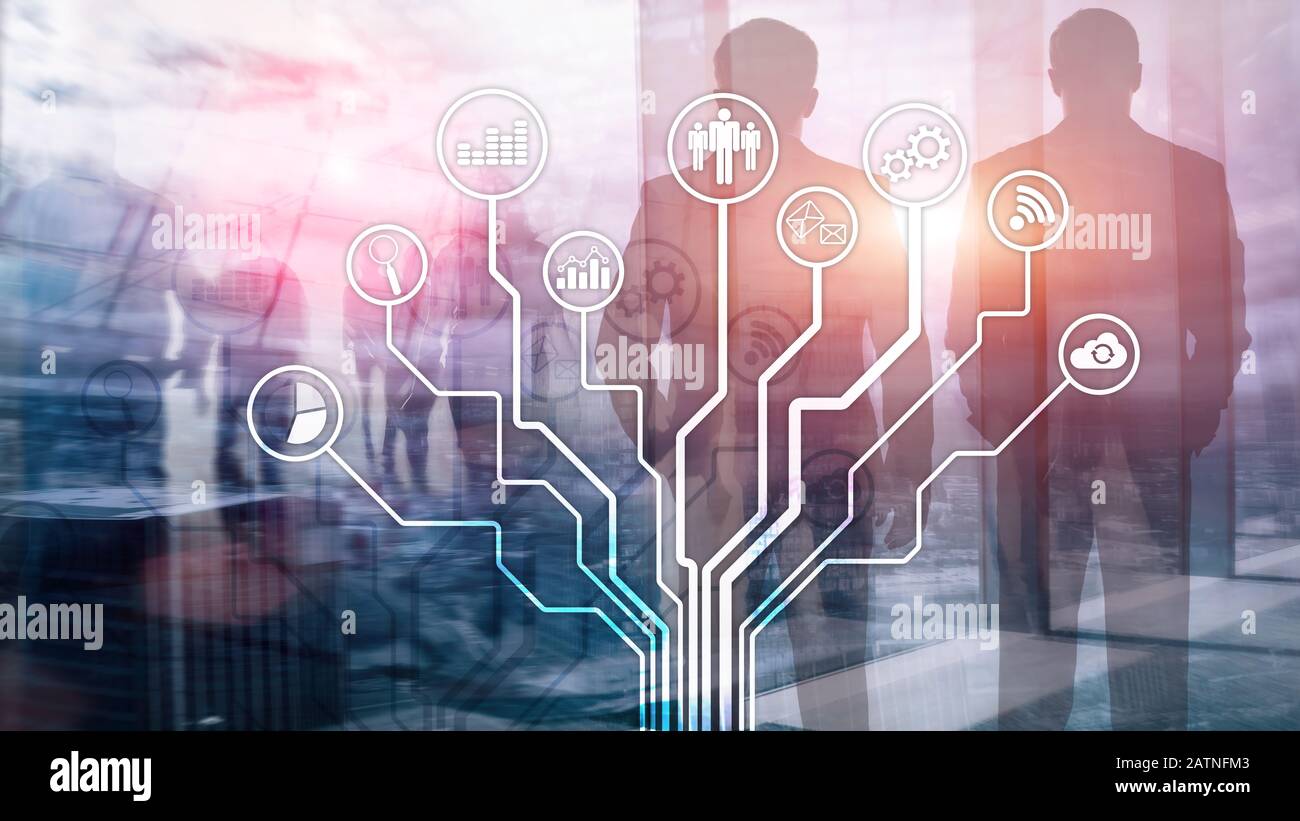 Business applications icons on blurred background. Financial and ...