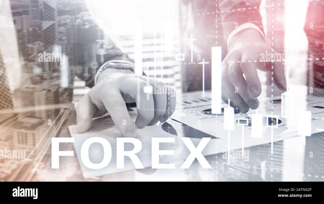 Forex trading, financial candle chart and graphs on blurred business ...