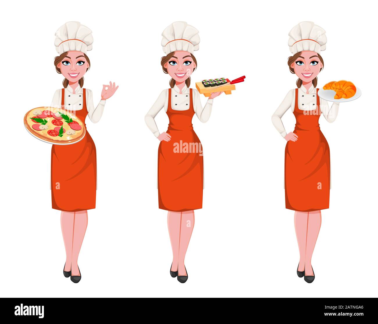 Beautiful young chef woman, set of three poses. Pretty cook lady in ...