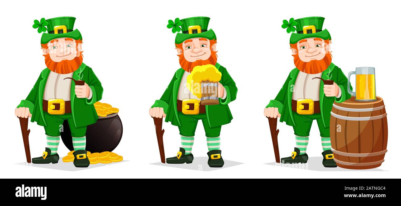 Leprechaun Cartoon Character Set Of Three Poses Happy Saint Patricks