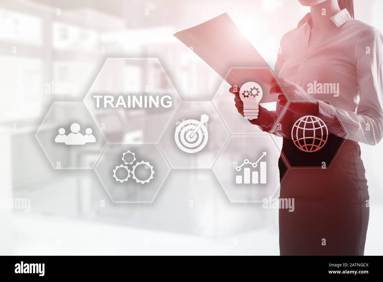 Training on virtual screen. Inscription on blurred office background ...