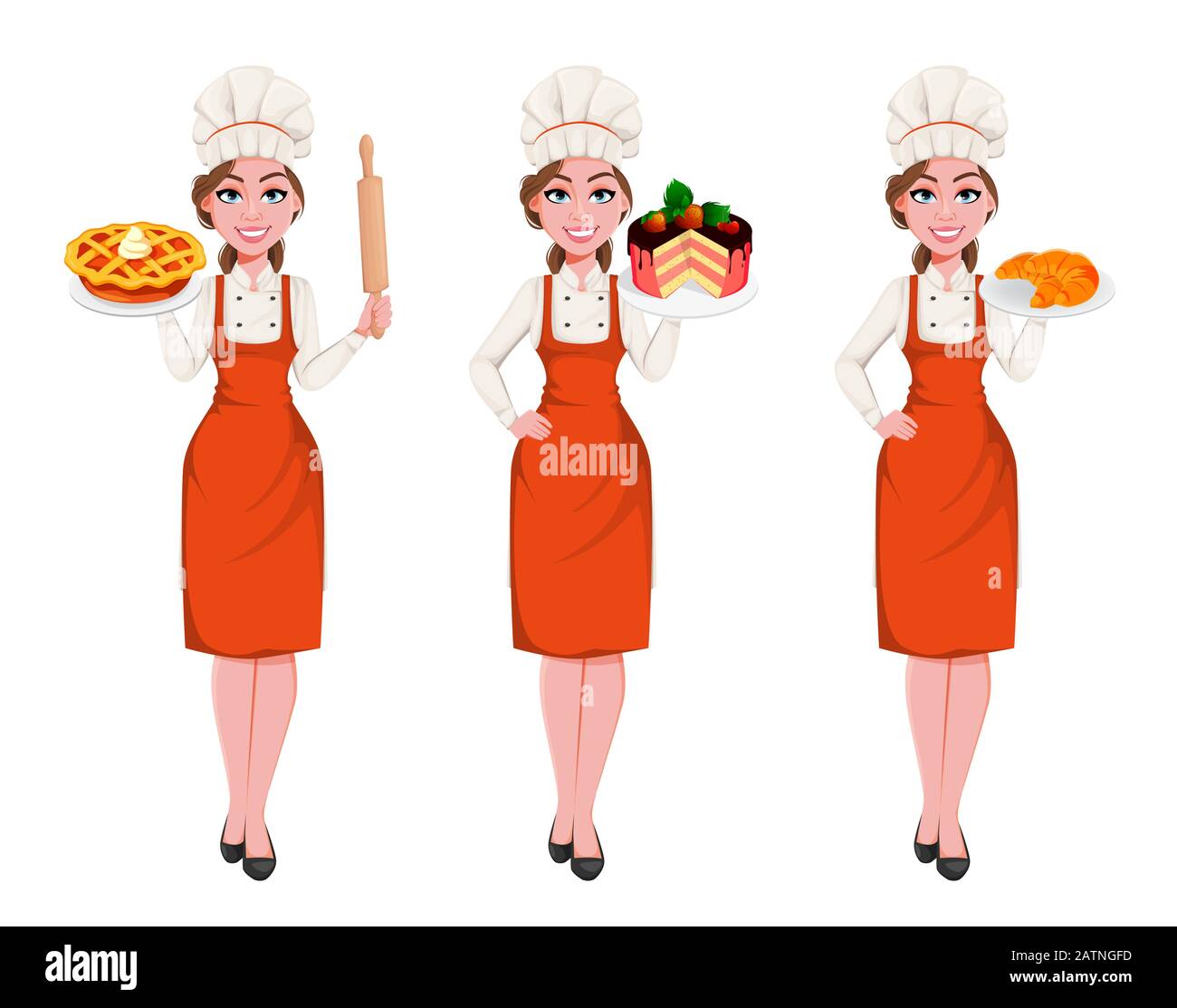Beautiful young chef woman baker, set of three poses. Pretty cook lady ...
