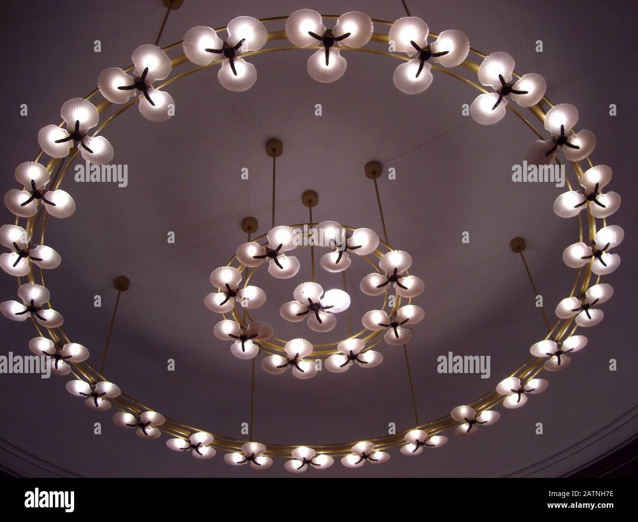 Upward shot of light bulbs in circular designs mounted on the ceiling ...