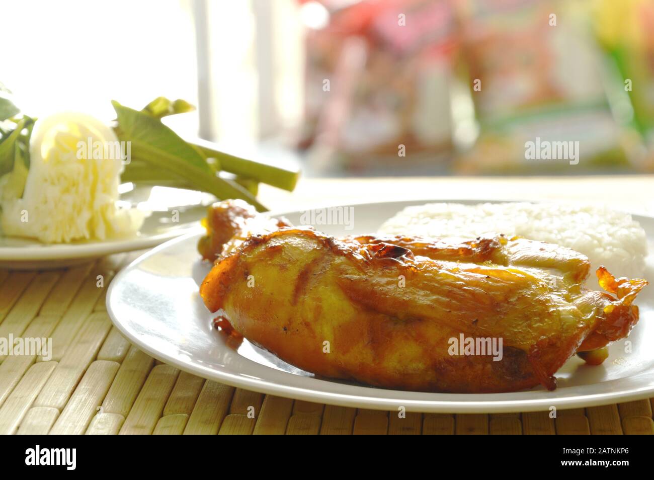 grilled chicken leg eat with sticky rice and fresh vegetable Stock ...