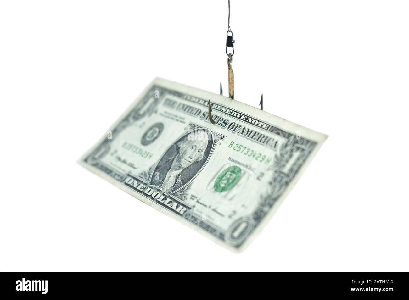 Bait made of hanging on fishing hook one dollar banknote., white ...