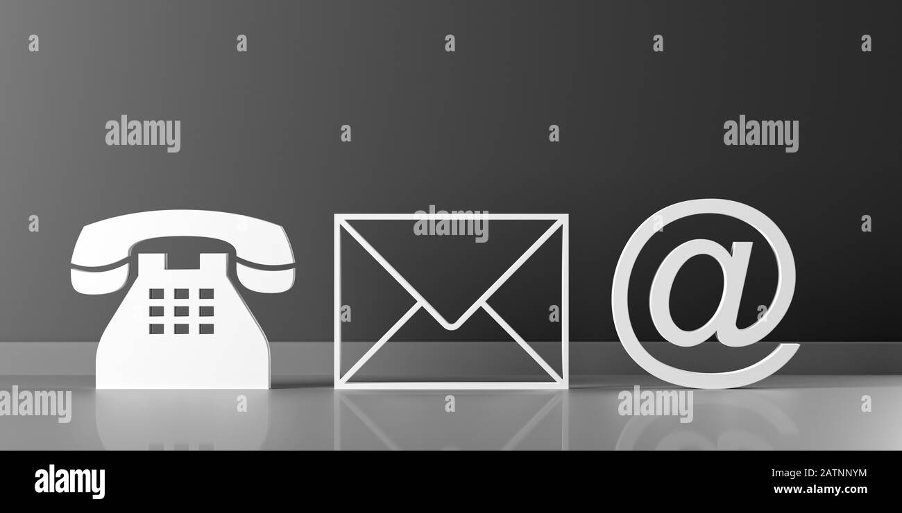 White telephone, envelope letter and e-mail symbols standing on floor ...