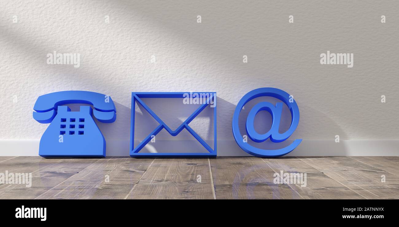 Blue telephone, envelope letter and e-mail symbols leaning against wall ...