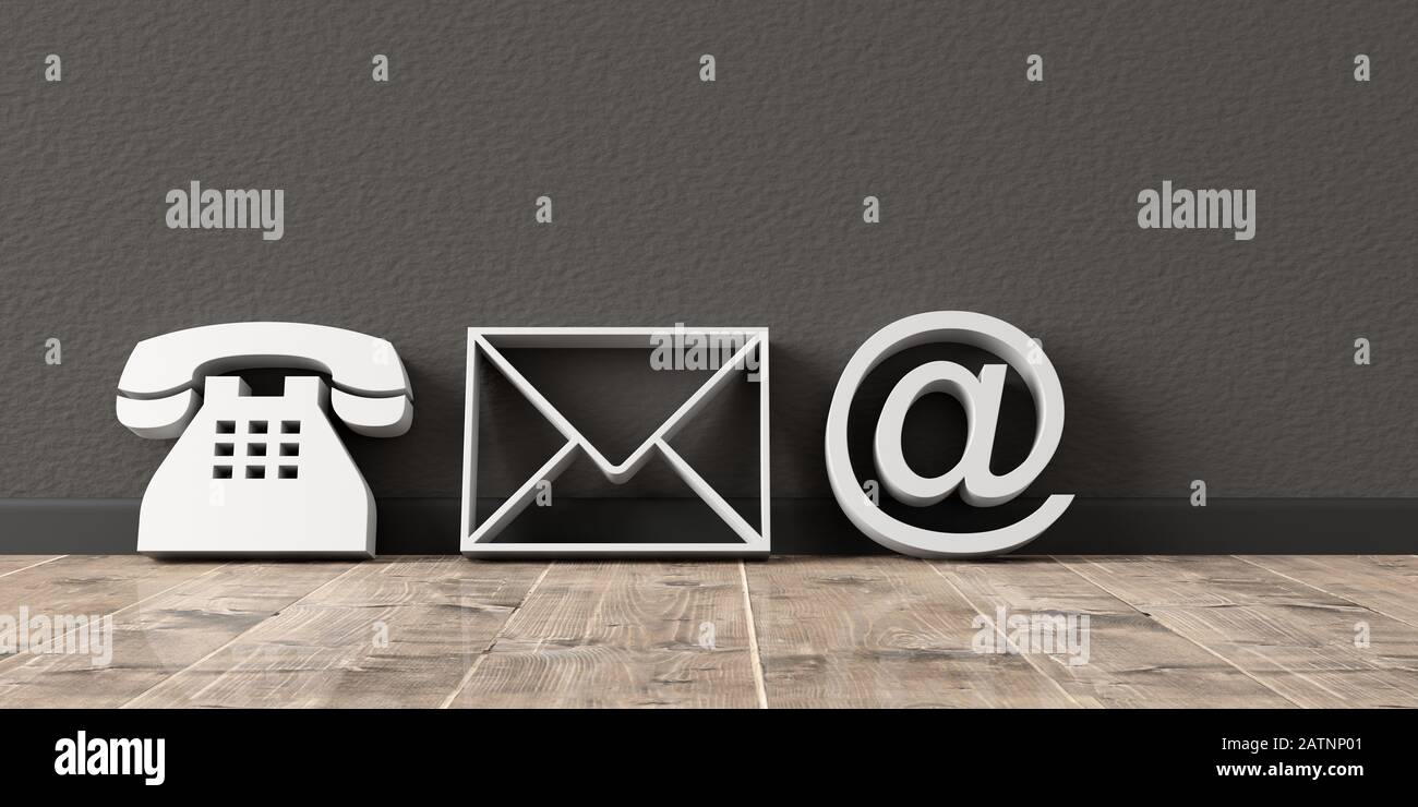 White telephone, envelope letter and e-mail symbols leaning against ...