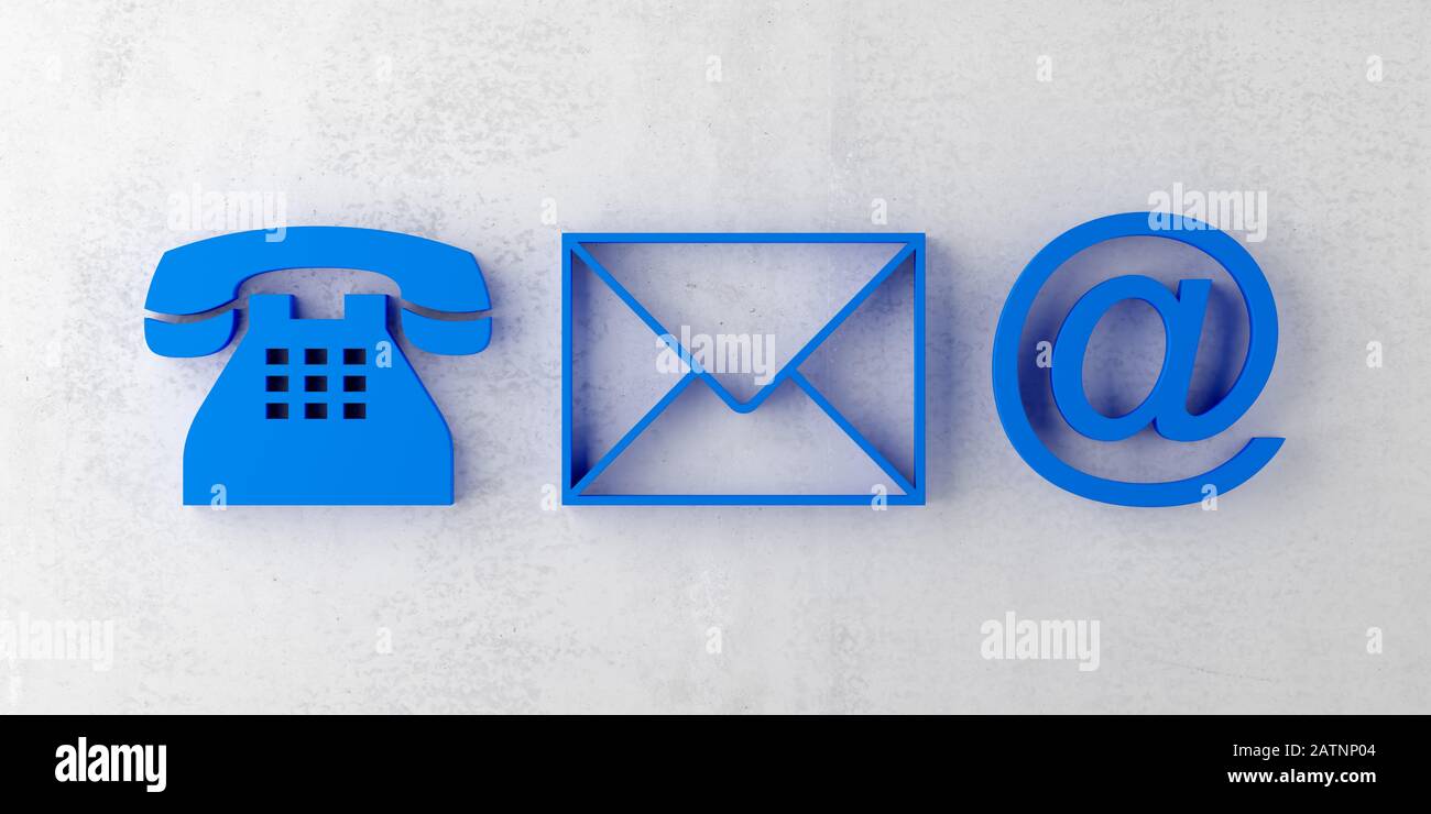 Blue telephone, envelope letter and e-mail symbols on concrete wall ...