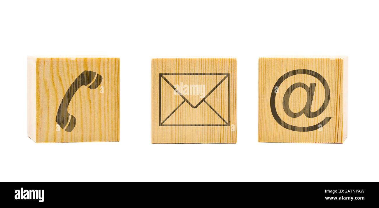 Contact us symbols with phone, e-mail and envelope icons on three brown ...