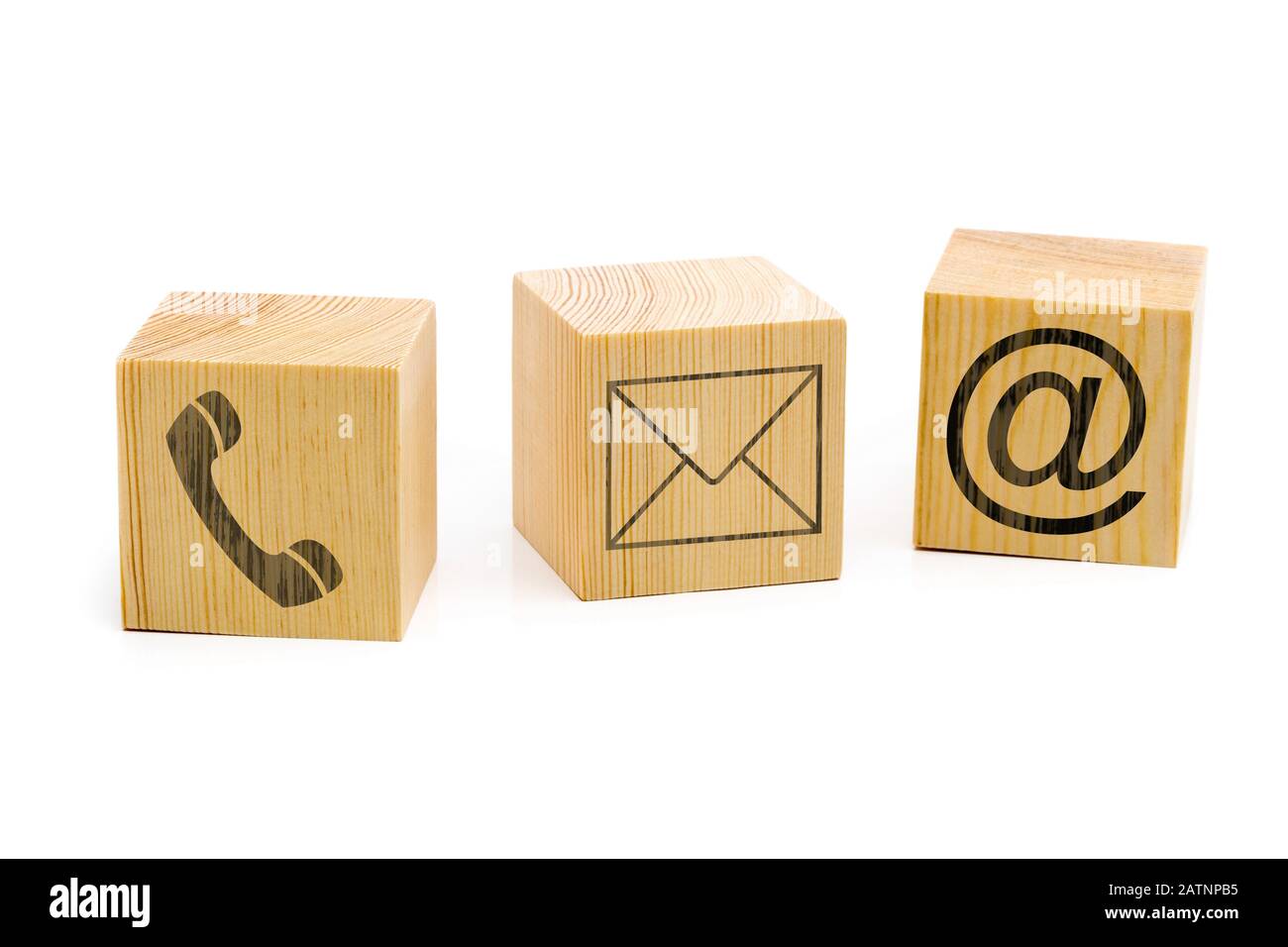 Contact us symbols with phone, e-mail and envelope icons on three brown ...