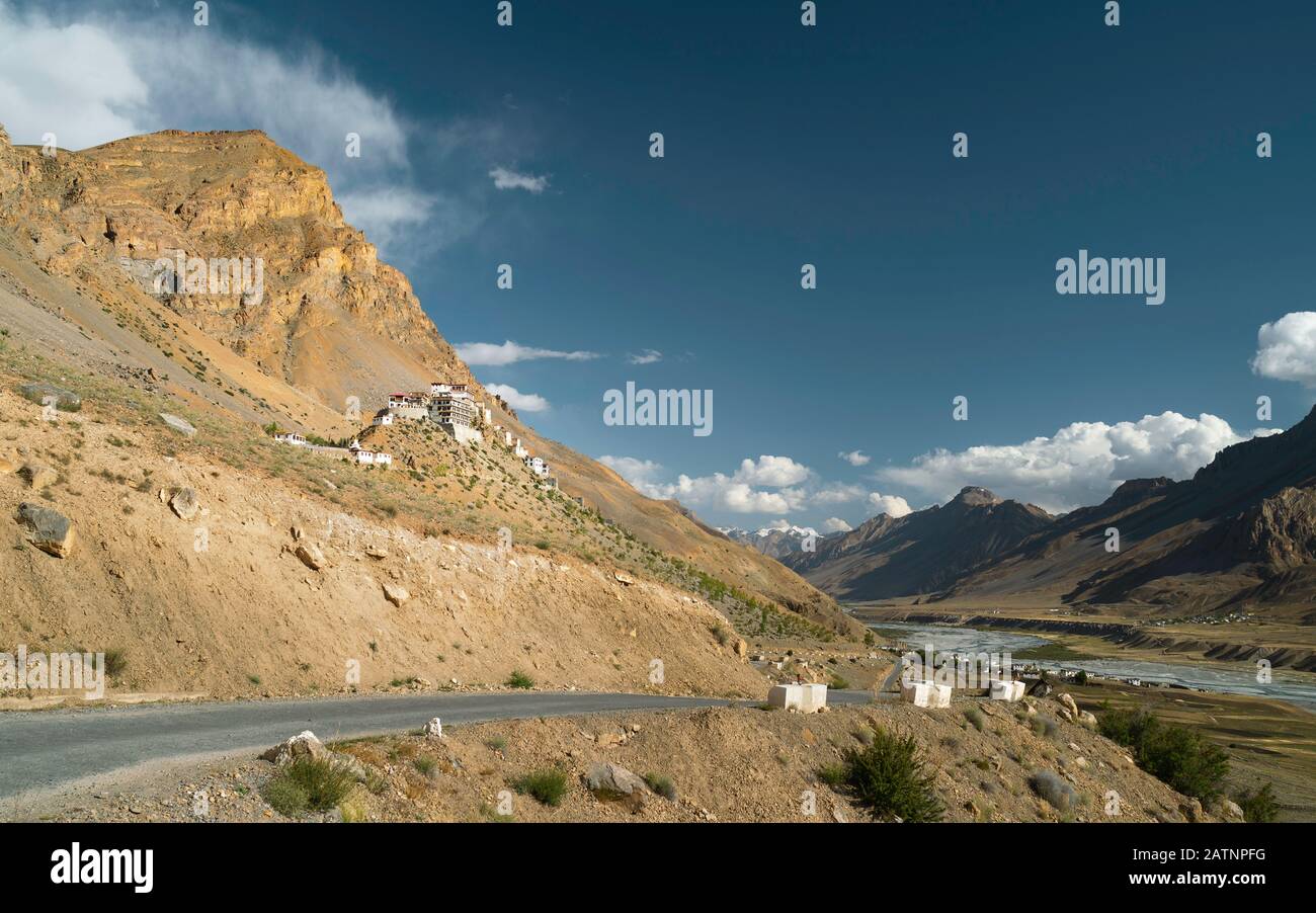 View of the ancient Key Monastery flanked by the Himalayas and river ...