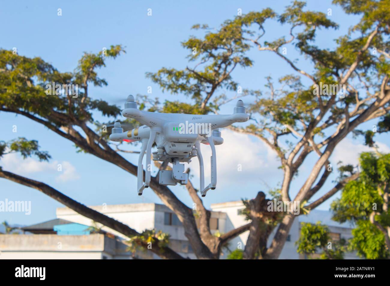 Drone flying with trees in the background Stock Photo - Alamy