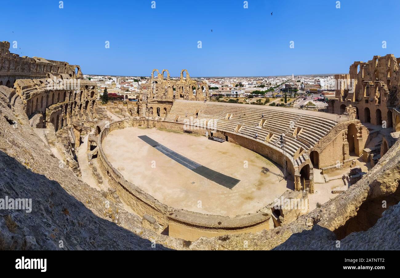 El Jem, Tunisia - June 28, 2019. El Djem Amphitheatre panorama. Ruins ...