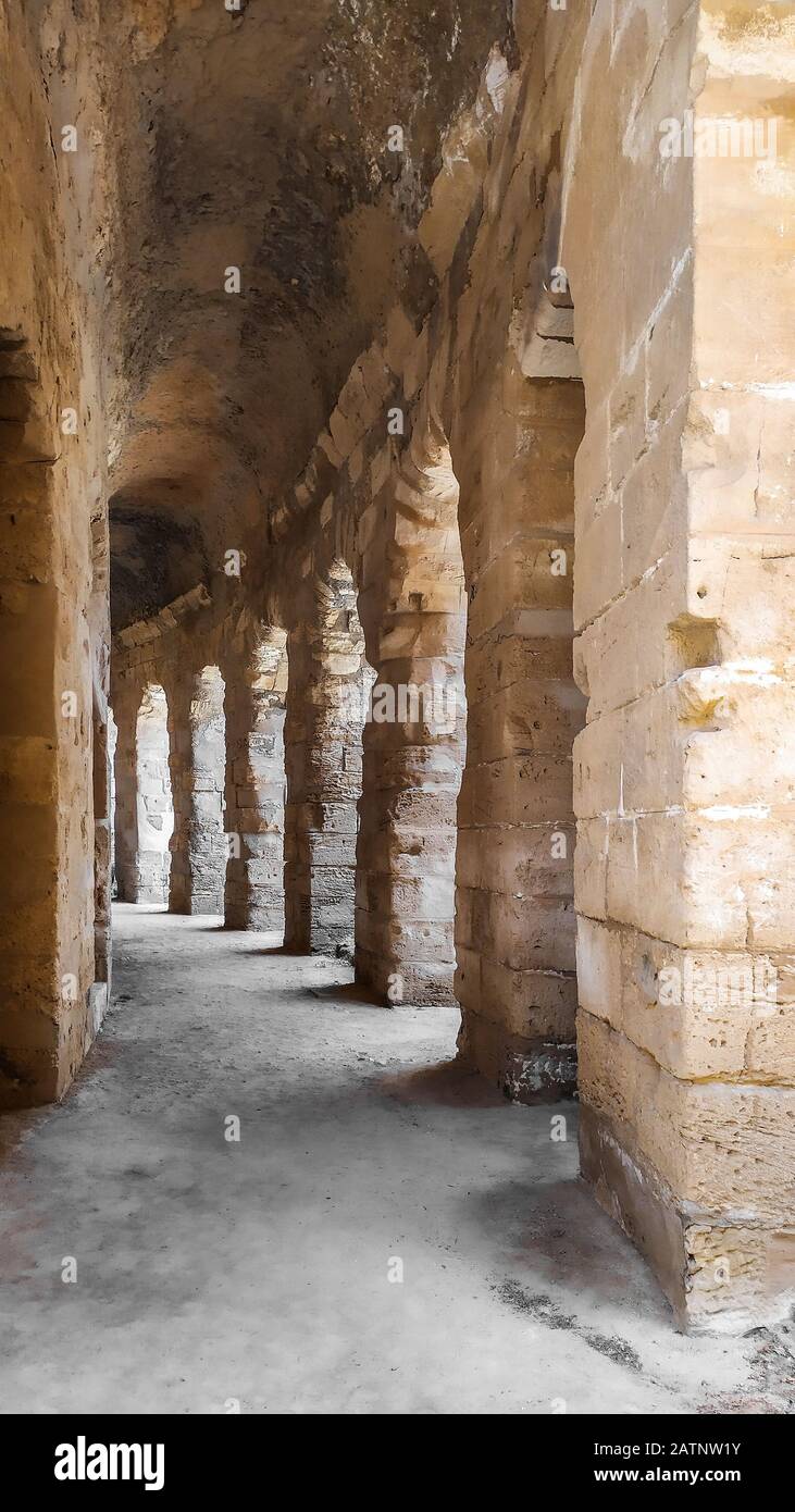 Interior of Amphitheatre of El Jem in Tunisia. Amphitheatre is in the ...