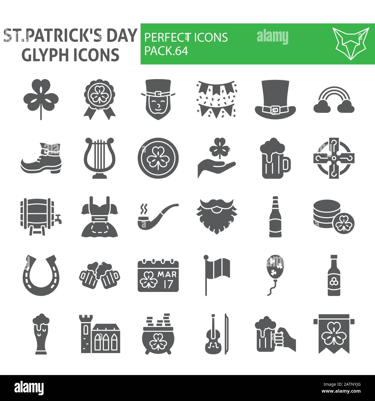 St. Patrick's Day glyph icon set, holiday symbols collection, vector ...