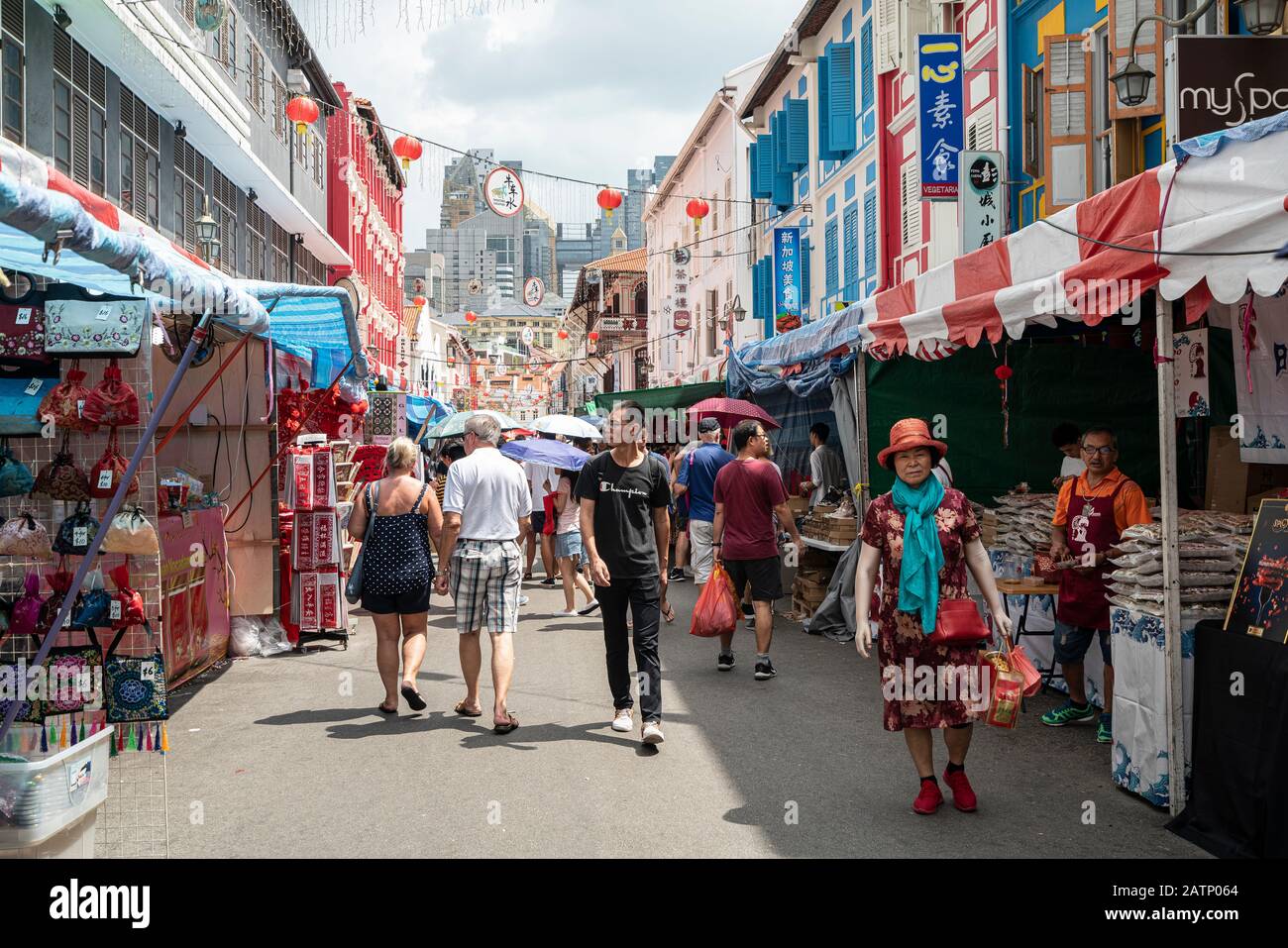 Singapore. January 2020. the crowd in the vendor stalls in the ...