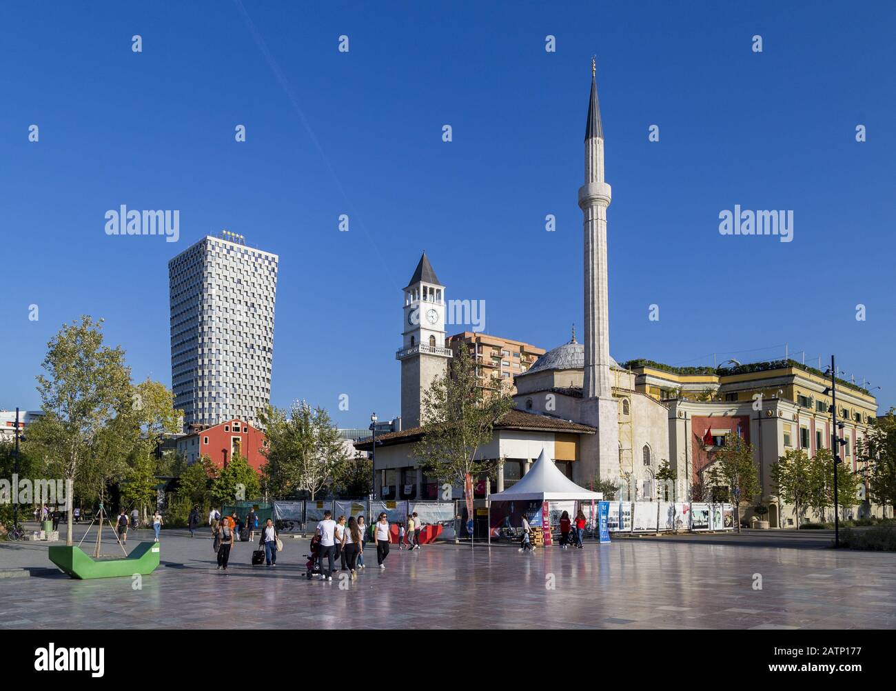 The main square of Tirana with he Et'hem Bey Mosque,the Ottoman Clock ...