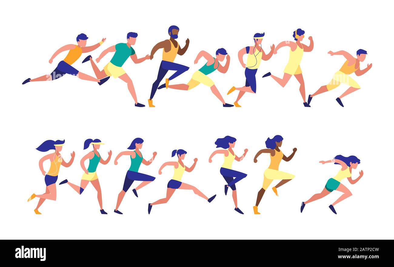 Women and men running set design, Sport hobby competition game training ...